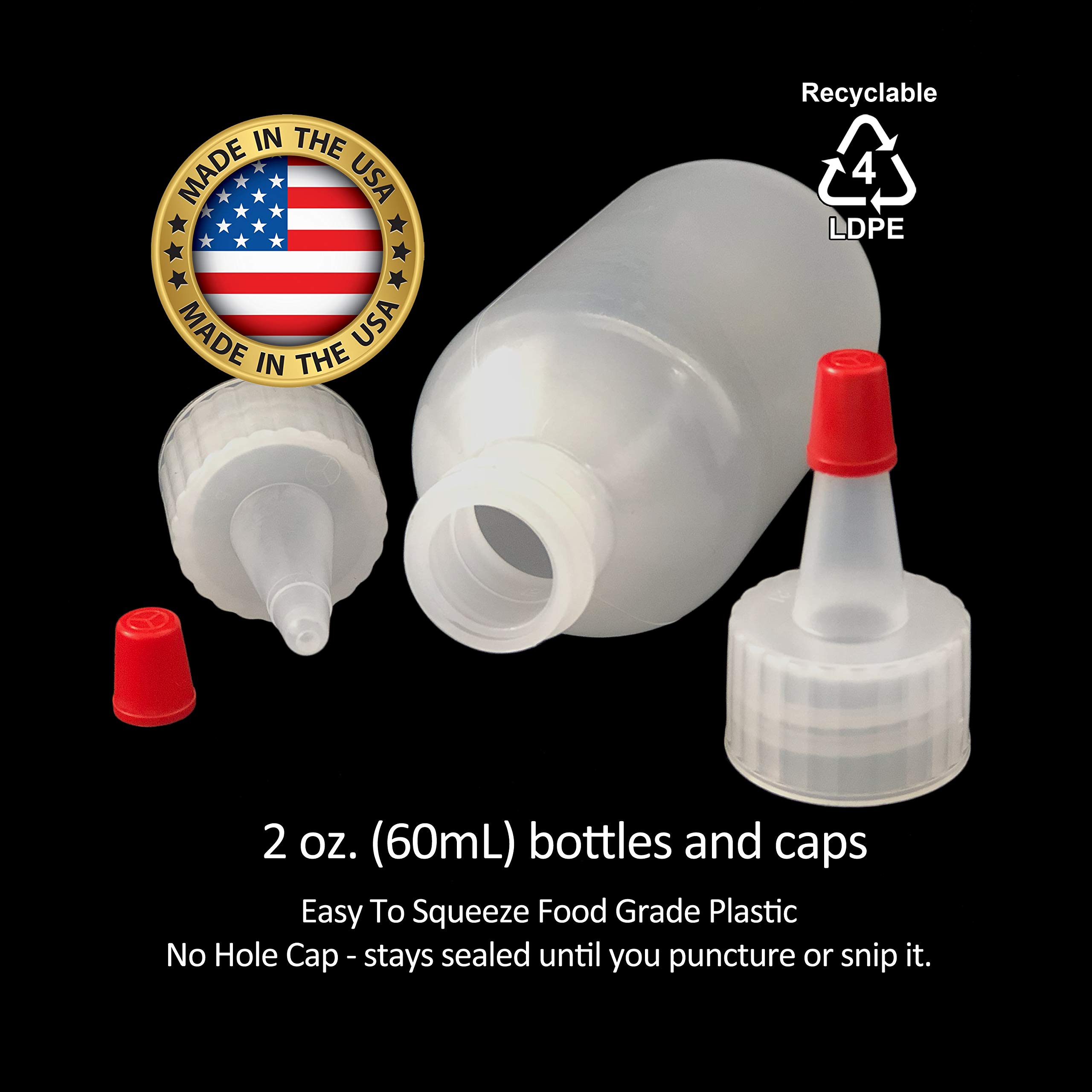 510 Central Yorker Squeeze Bottles (2oz, 4 Pack) Boston Round with Red Tip Caps - LDPE Plastic - Made in USA