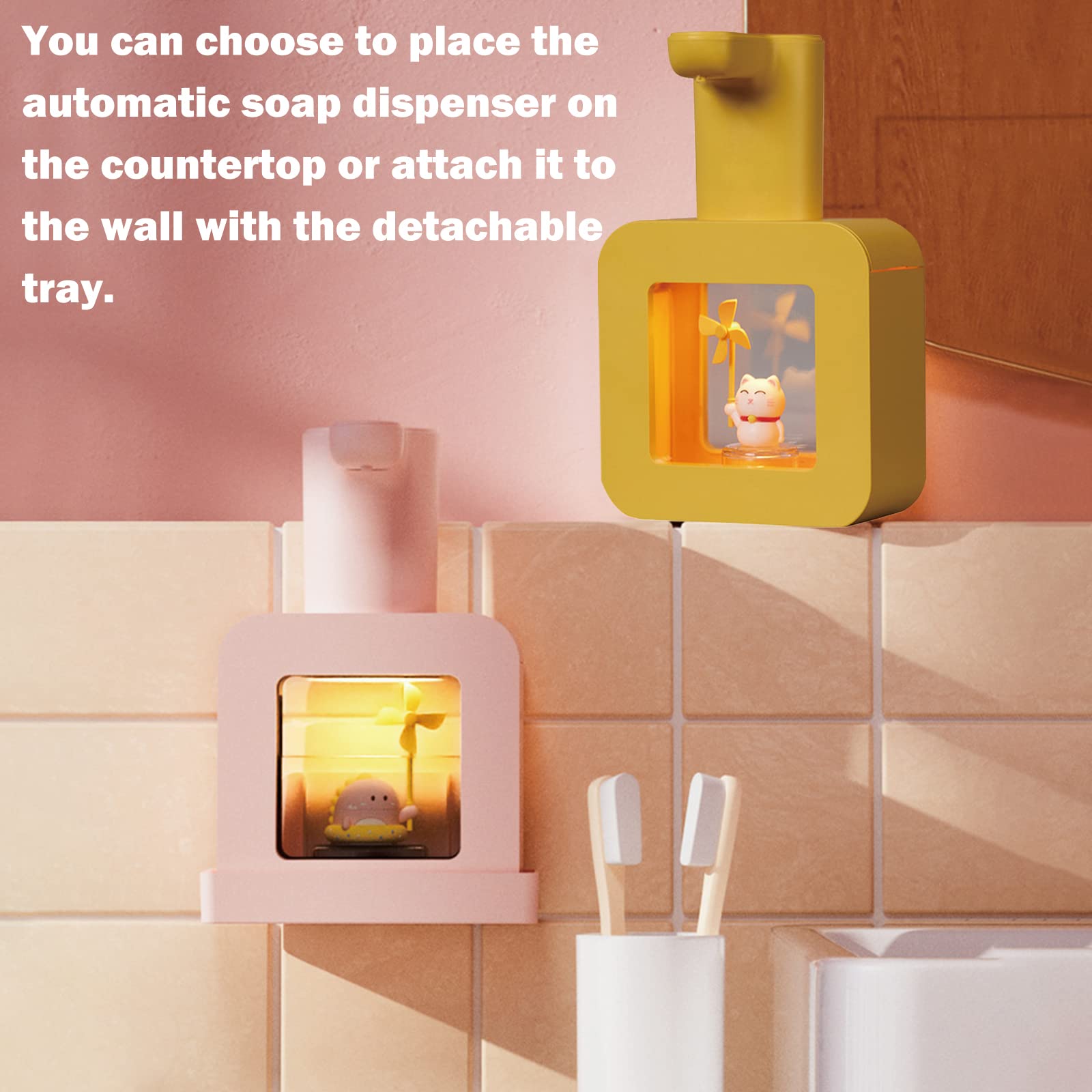 AMYESE Cute Automatic Soap Dispenser - Kids Touchless Pink Hand Soap Dispenser,Wall Mount Waterproof USB Rechargeable, 13.5oz/ 400ml for Bathroom Countertop, Kitchen, Office, Hotel, Preschool Children
