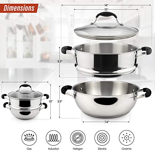 AVACRAFT 18/10, 3 Piece Stainless Steel Steamer Cooking Pot Set, Steamer for Cooking, Steamer Pan Set with Glass Lid, Momo Maker, Induction Steamer Pot