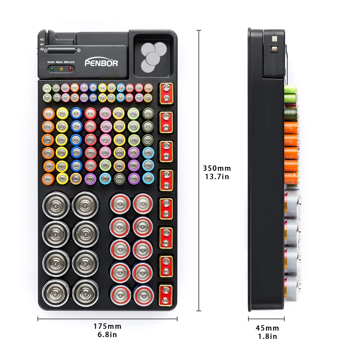PENBOR Battery Organizer Storage Case with No Lid Snap, Portable Tester, Just The Right Size Slot Wall-Mounted Design,Holds 110 Batteries Various Sizes for AAA, AA, 9V, C, D and Butt