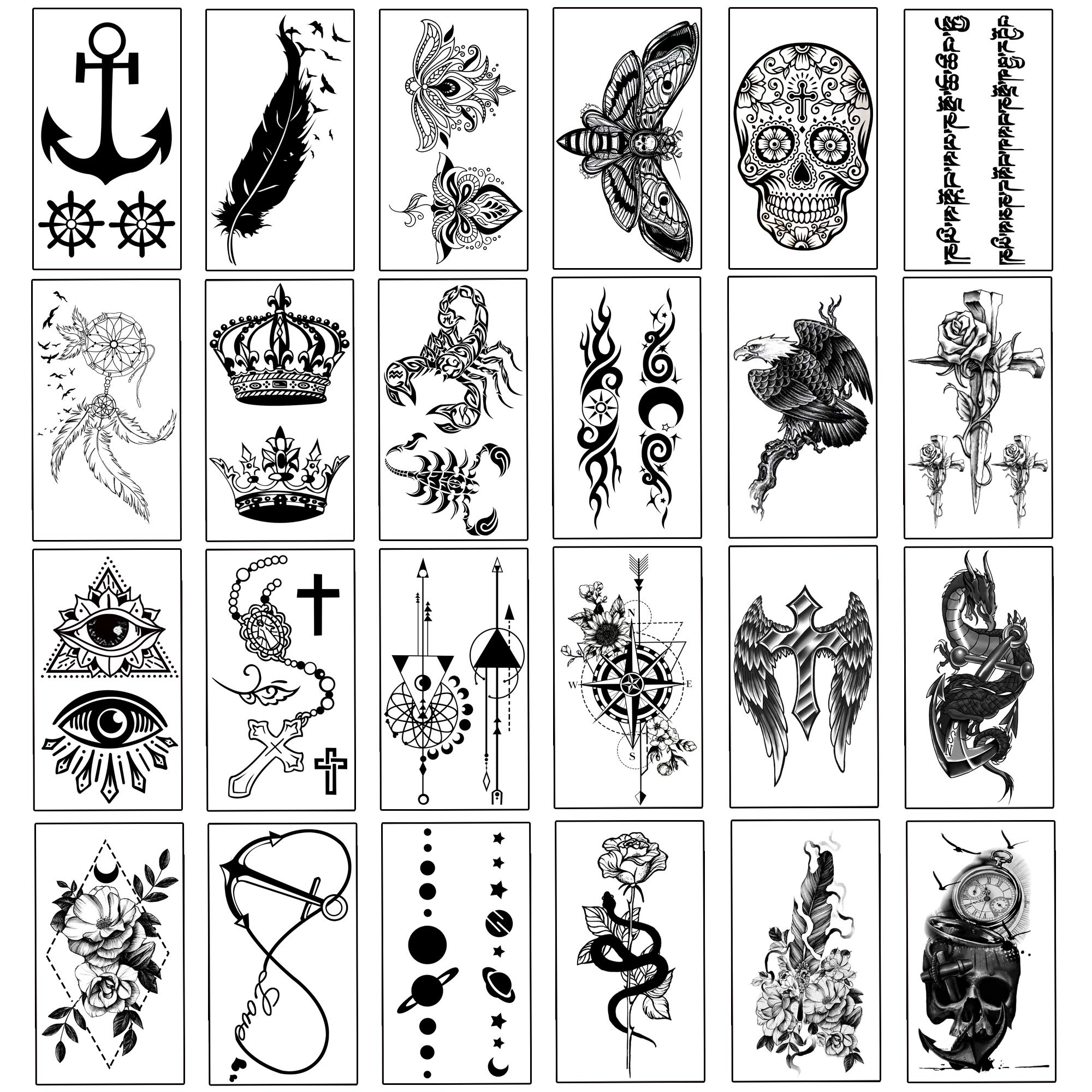 Yazhiji 32 Sheets Temporary Tattoos Stickers, 8 Sheets Fake Body Arm Chest Shoulder Tattoos for Men Women with 24 Sheets Tiny Black Temporary Tattoos