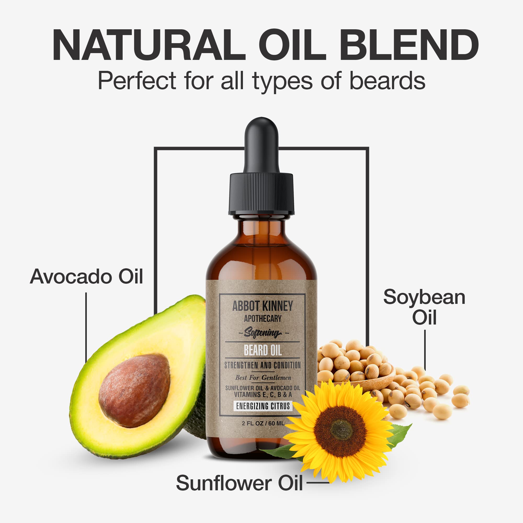 ABBOT KINNEY APOTHECARY Beard Oil for Men - Natural Ingredients, Energizing Citrus Scent, Promotes Healthy Growth, Ideal for Dry Flaky Skin - Beard Conditioner - 2 Fl Oz