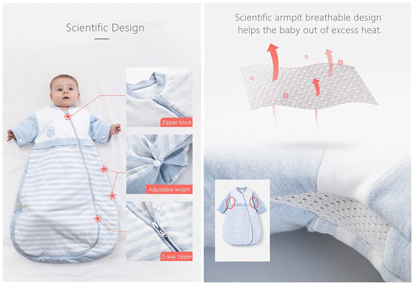 CYUURO Baby Sleeping Bag Sleeves Detachable Kids Wearable Blanket Toddlers Thick Cold Weather，Blue 60-68℉