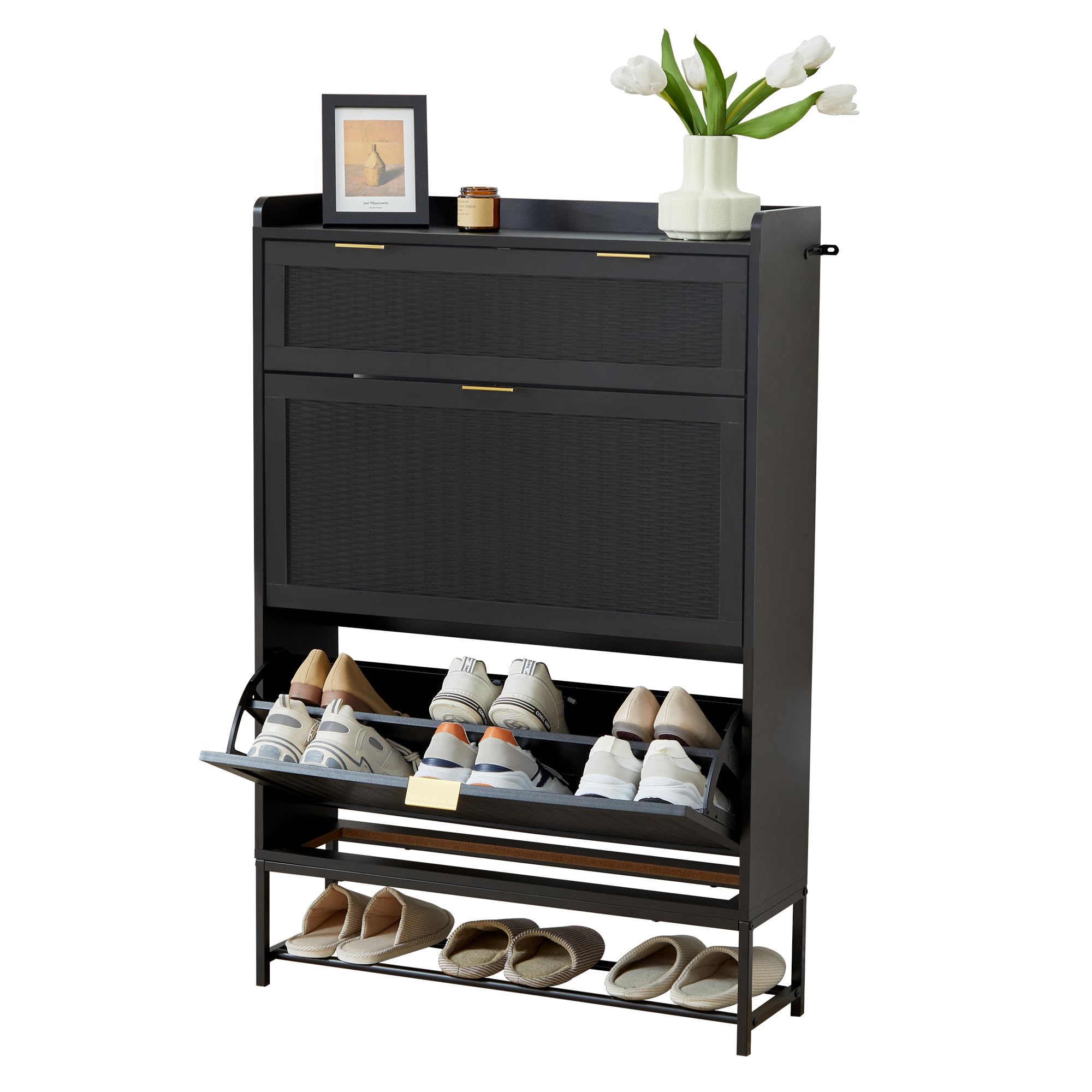 affeivul Hidden Shoe Cabinet for Entryway Slim, Free Standing Narrow Shoe Rack Cabinet Rattan Carving, 2 Flip Drawer Shoe Storage Organizer Cabinet for Closet,Door,Dorm,Garage,Small Spaces - Black