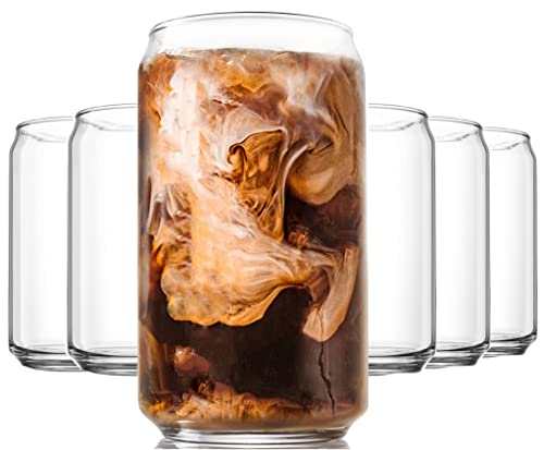 BENETI Iced Coffee Drinking Glasses Set of 6-16 Oz Glass Cups, European Quality Coffee Mug, Gifts for Women, Cocktail Glasses, Can Glass for Beer, Dishwasher Safe Coffee Accessories, Glass Tumbler