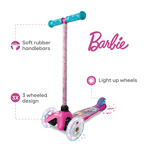 Barbie Self Balancing Kick Scooter with Light Up Wheels, Extra Wide Deck, 3 Wheel Platform, Foot Activated Brake, 75 lbs Limit, Kids & Toddlers Girls or Boys, for Ages 3 and Up