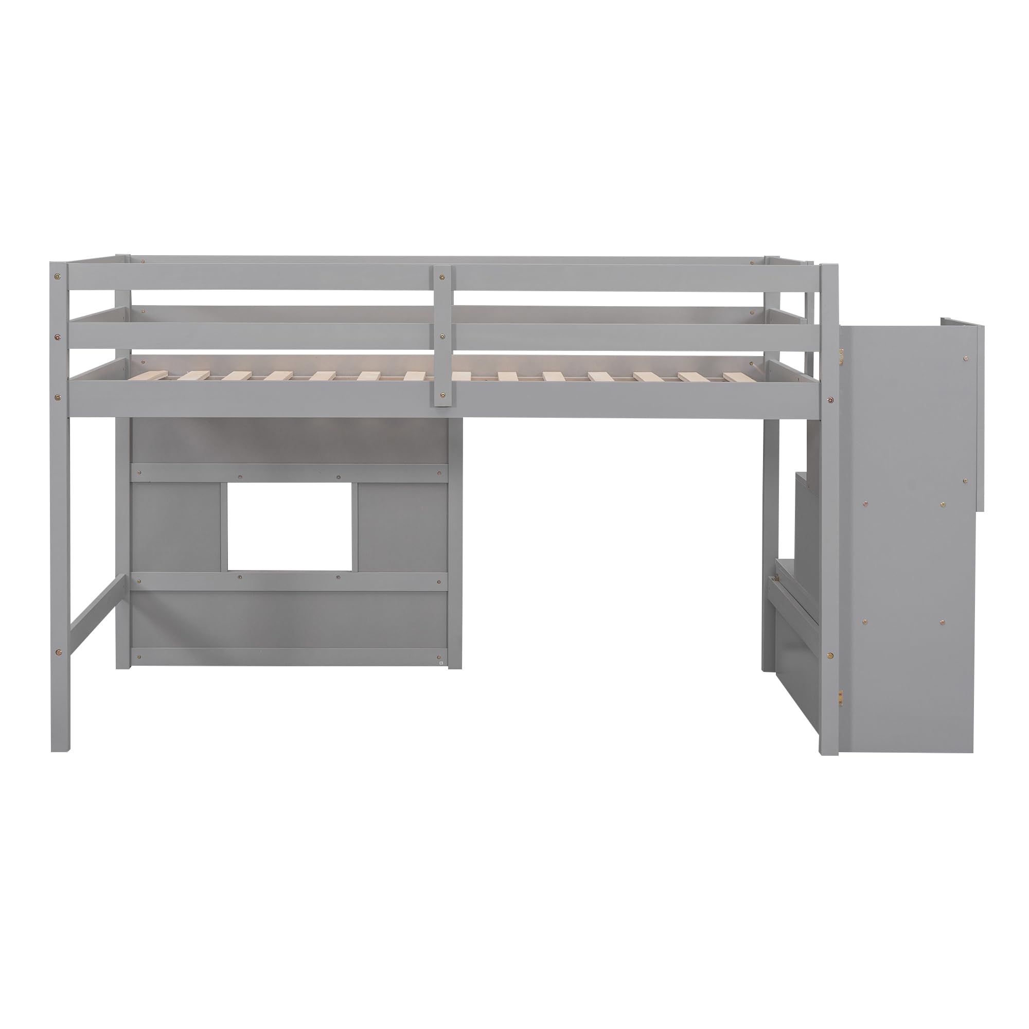 BIADNBZ Twin Size Low Loft Bed with Stairs, Solid Wood Bedframe w/Storage Staircase, for Kids Teens Bedroom, No Box Spring Needed, Gray