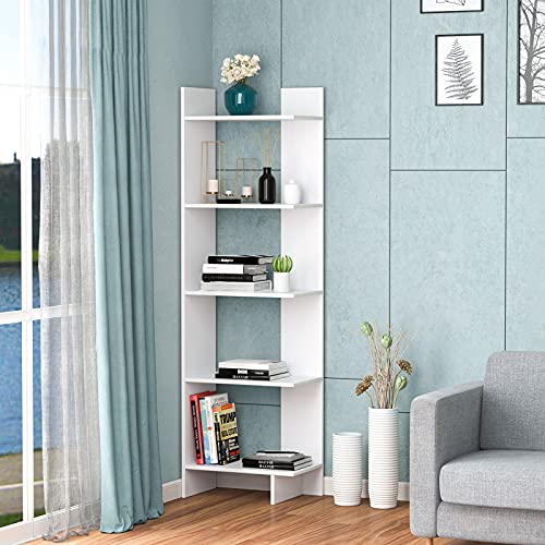 Tangkula 5-Shelf Bookcase, Room Divider and Display Shelf, Freestanding Decorative Storage Shelving, Wooden Bookshelf for Home Living Room Office Bedroom, Room Divider Bookshelf (White, 1)