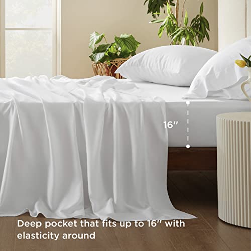 Bedsure Cooling Sheets Set White, Rayon Made from Bamboo, Queen Sheet Set, Deep Pocket Up to 16", Hotel Luxury Silky Soft Breathable Bedding Sheets & Pillowcases