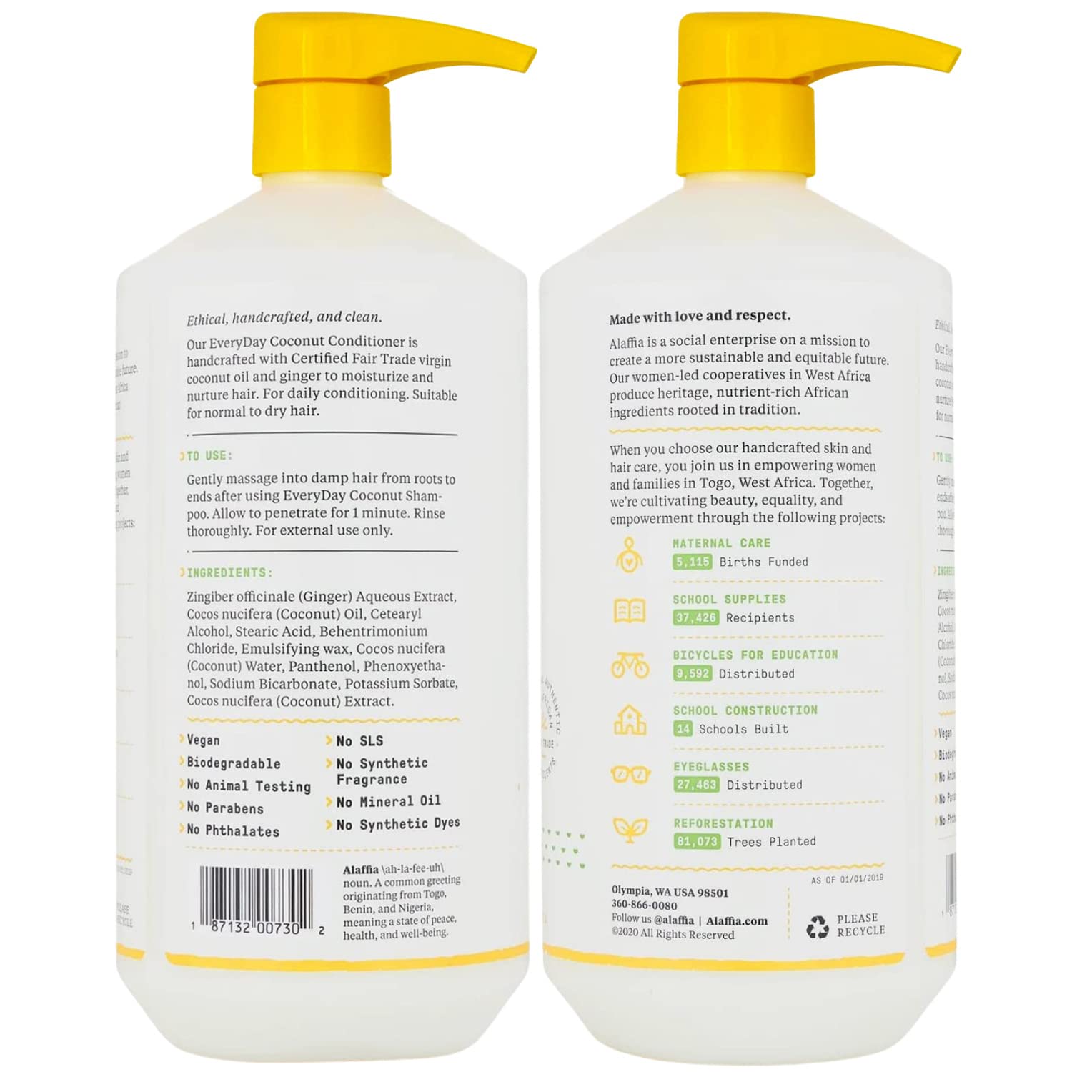 Alaffia Hair Care, Everyday Coconut Conditioner, Daily Moisturizer, Wavy & Curly Hair Products, Vitamin E, Virgin Coconut Oil, Ginger Extract, Purely Coconut (2 Pack - 32 Fl Oz)
