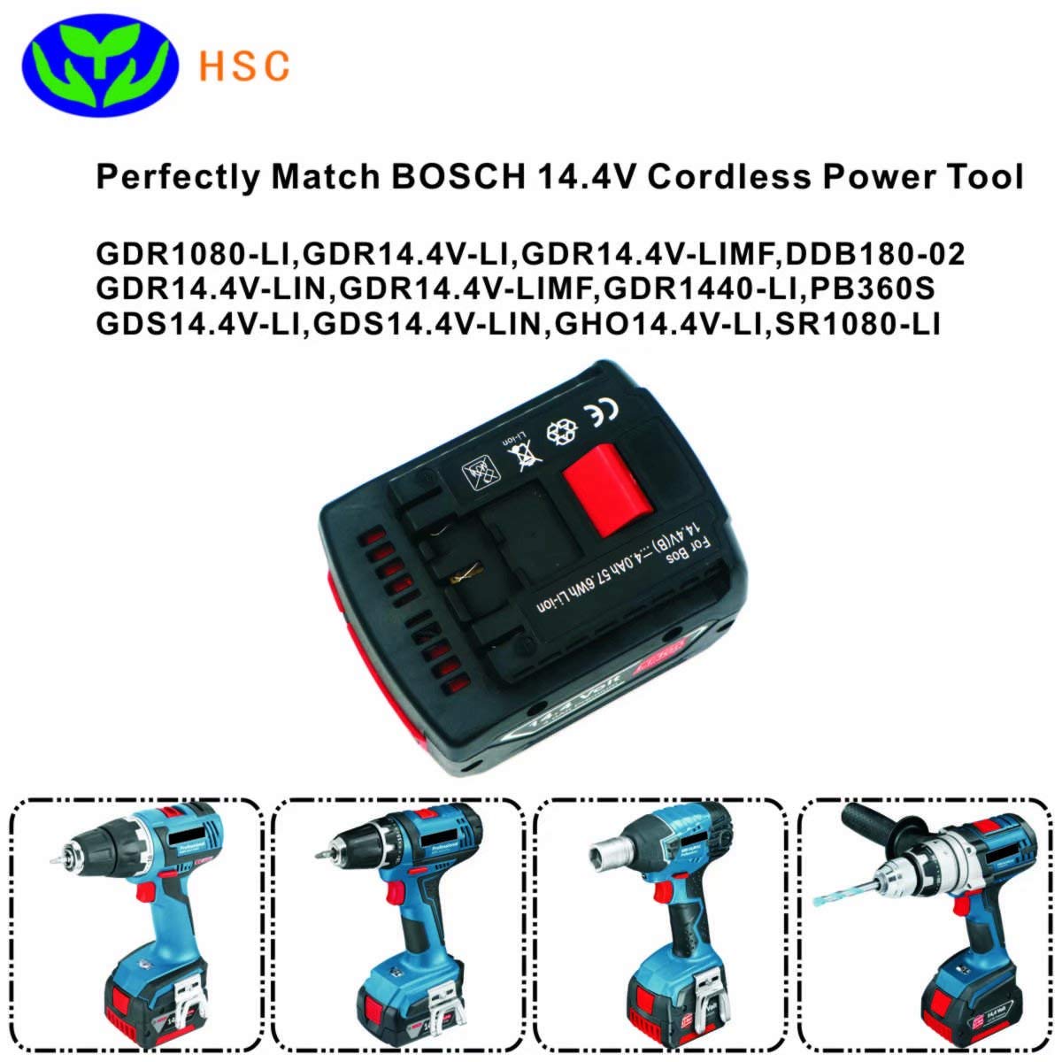 4000mAh 18650 Battery Pack BOS14.4B Li-ion Battery 14.4V Replacement for Bosch BAT607 BAT607G BAT614 BAT614G Battery Pack 14.4V