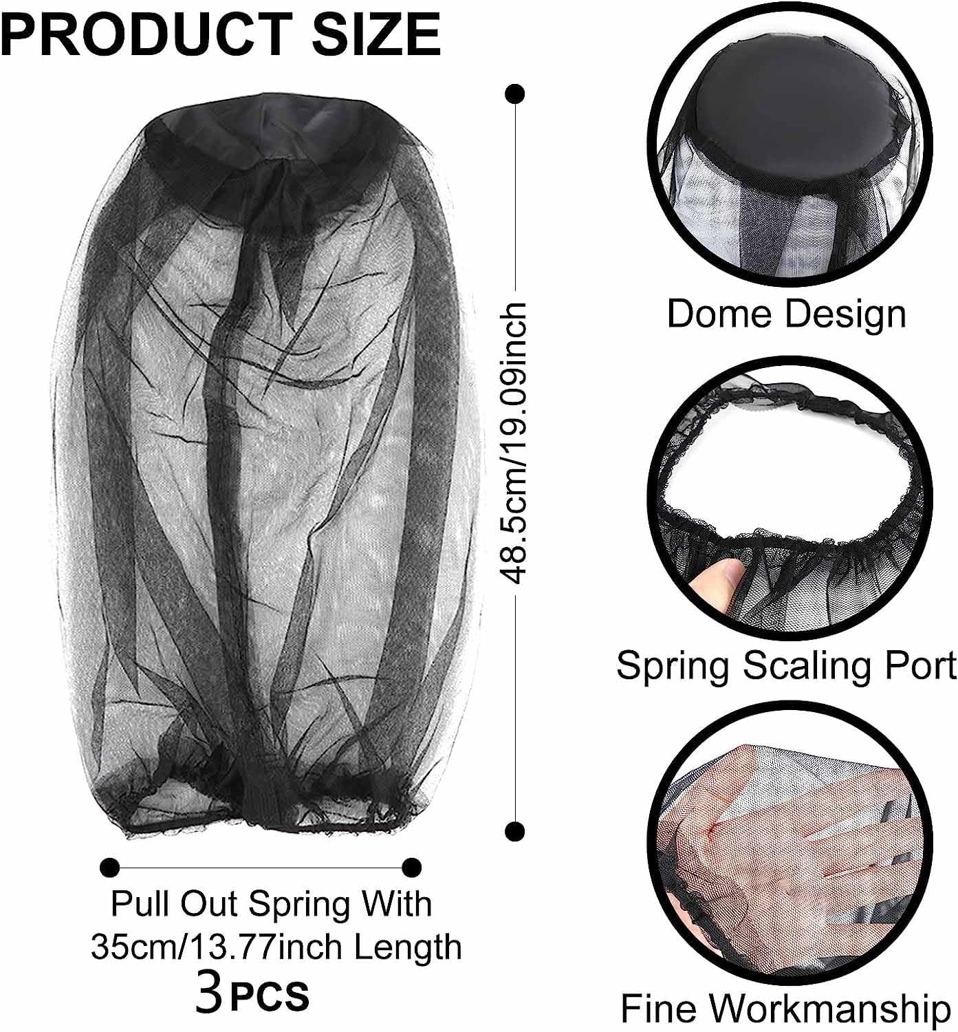 Mosquito Head Mesh Nets Gnat Face Netting Protecting Net for Any Outdoor Activities, Works Over Most Hats Comes(Total 3pcs, Black, Gray, Military)