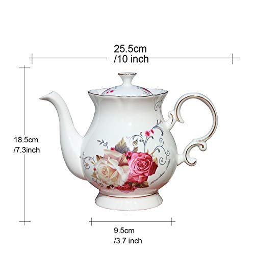 Jomop European Style Ceramic Flower Teapot Coffee Pot Water Pot Porcelain Gift Large 5.5 Cups (1, Rose)