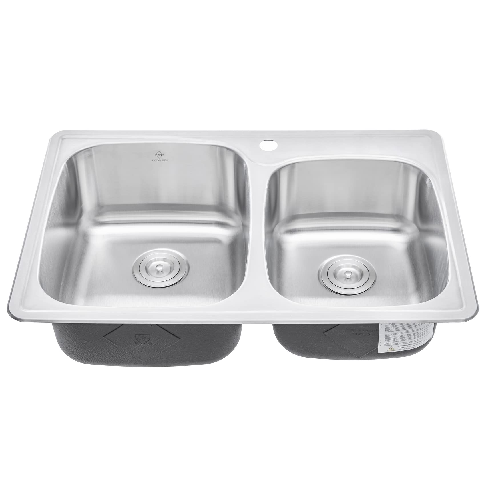CozyBlock 33 x 22 x 9 Inch 60/40 Offset Top-mount/Drop-in Stainless Steel Double Bowl Kitchen Sink with Strainer and Protective Bottom Grid - 18 Gauge Stainless Steel-1 Faucet Hole