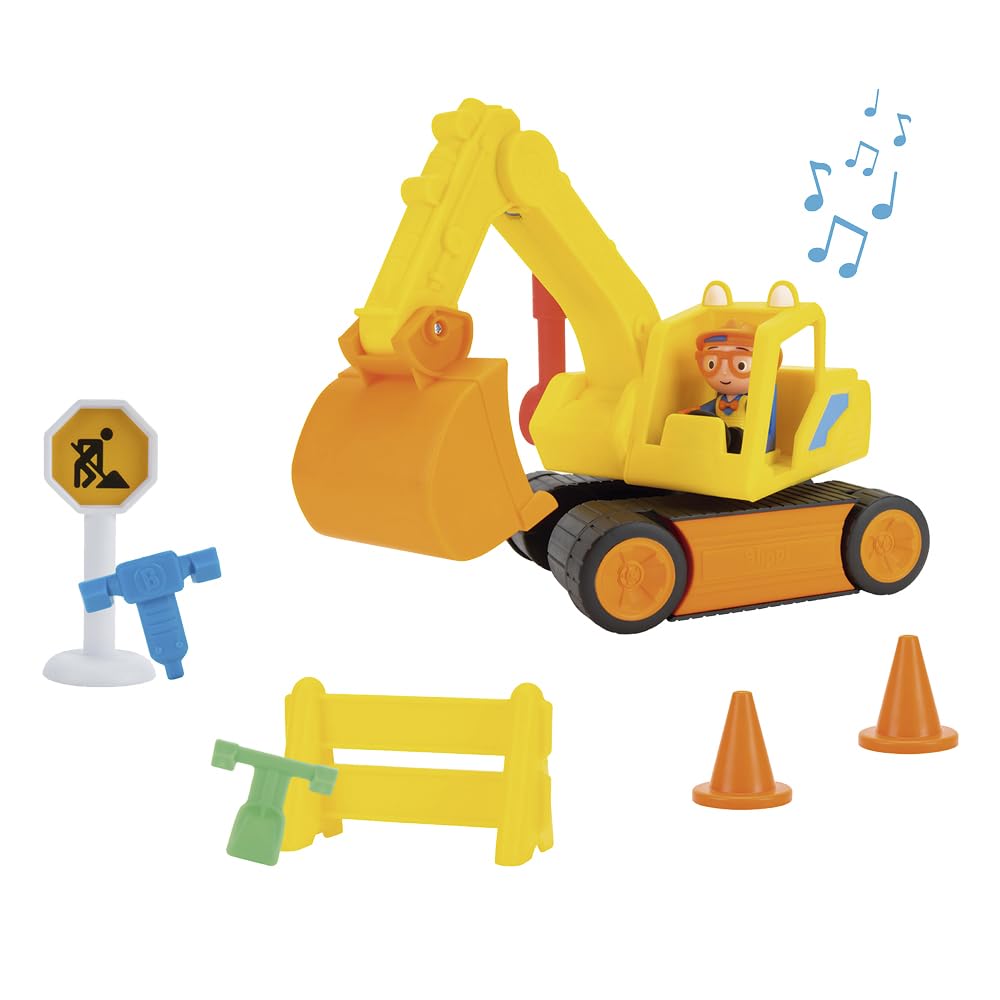 Blippi Excavator - Fun Freewheeling Vehicle with Features Including 3 Construction Worker, Sounds and Phrases - Educational Vehicles for Toddlers and Young Kids, Yellow, Multicolor, Pack 1