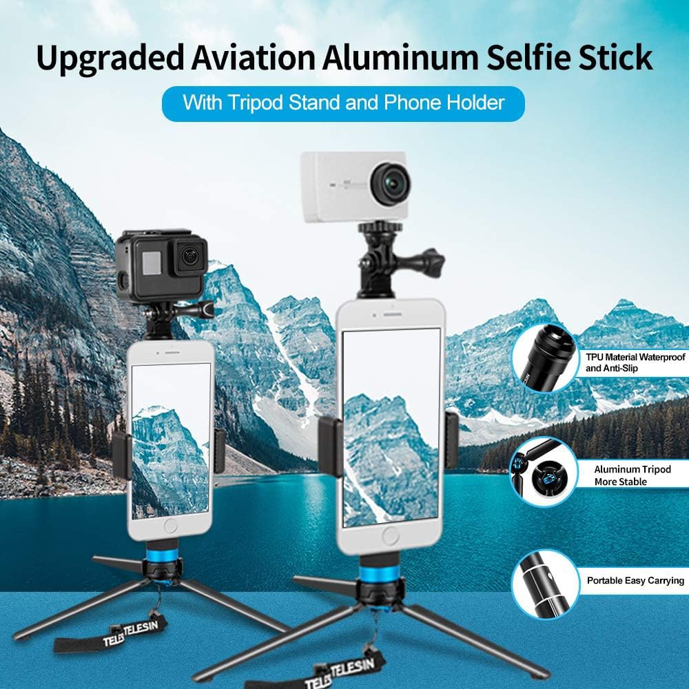 Selfie Stick Tripod Stand w Phone Mount, 35.4" TELESIN Aluminum Extension Pole Monopod for GoPro Max Go Pro Hero 12 11 10 9 8 7 6 5, Insta360 X3 Insta 360 Go 2 Go 3, DJI Action 3 4 Accessories