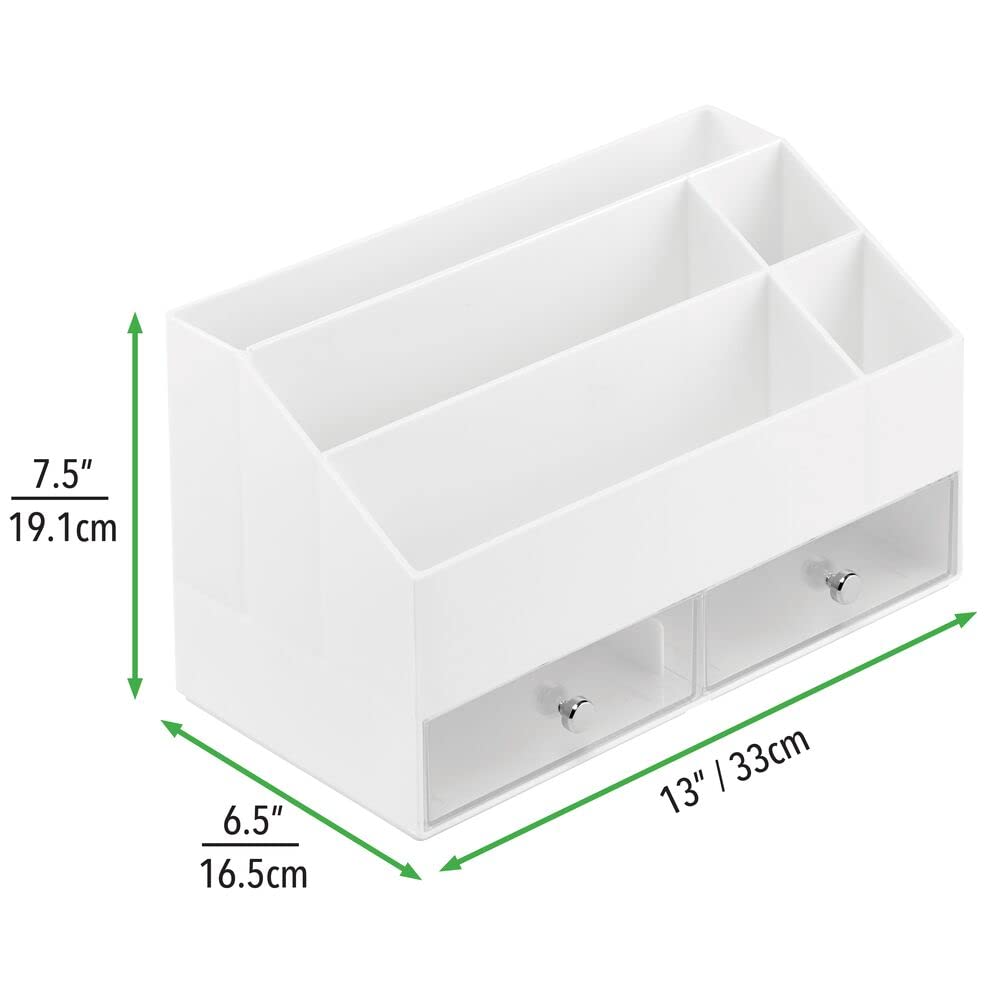 mDesign Plastic Makeup Storage Organizer with 2 Drawers and 5 Divided Sections for Bathroom, Vanity, Cabinet, Countertops - Storage for Cosmetics, Brushes, Blush - Lumiere Collection - White/Clear