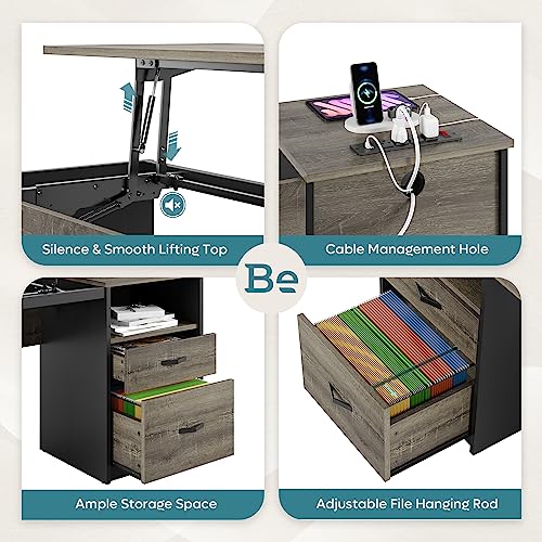 Bestier Lift Top Computer Desk with File Drawer, 60" Large Office Desk with Power Outlet USB Port Built in Writing Study Computer Table with Storage Workstation for Home Office Bedroom, Gray