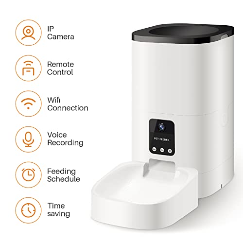 Automatic Cat Feeder, 6L Portion Control Peteme Smart Pet Feeder with Camera APP Control, Schedule Cat Feeder for Cats, Dogs & Small Pets, 2.4G Wi-Fi Enabled Speaker Two Way Microphone
