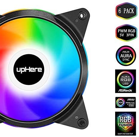 upHere 5V 6-Pack 120mm Silent PWM Intelligent Control 5V Addressable RGB Fan Motherboard Sync, Adjustable Colorful Fans with Controller T7SYC7-6