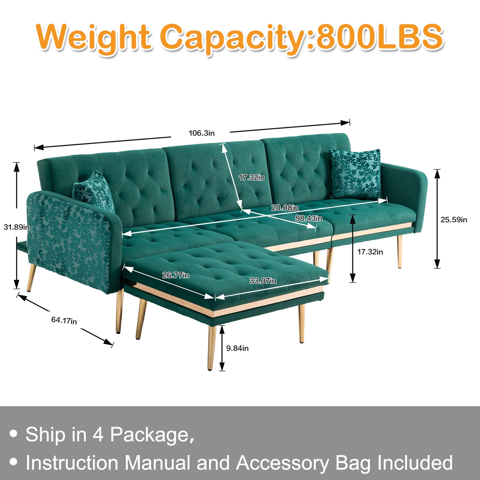 Pvillez Sectional Sofa Futon Sofa Bed Convertible Sleeper Sofa Couch w/Chaise Lounge,Ottoman L-Shape Convertible Couches for Living Room Button Tufted Back Velvet Couch w/Golden Legs