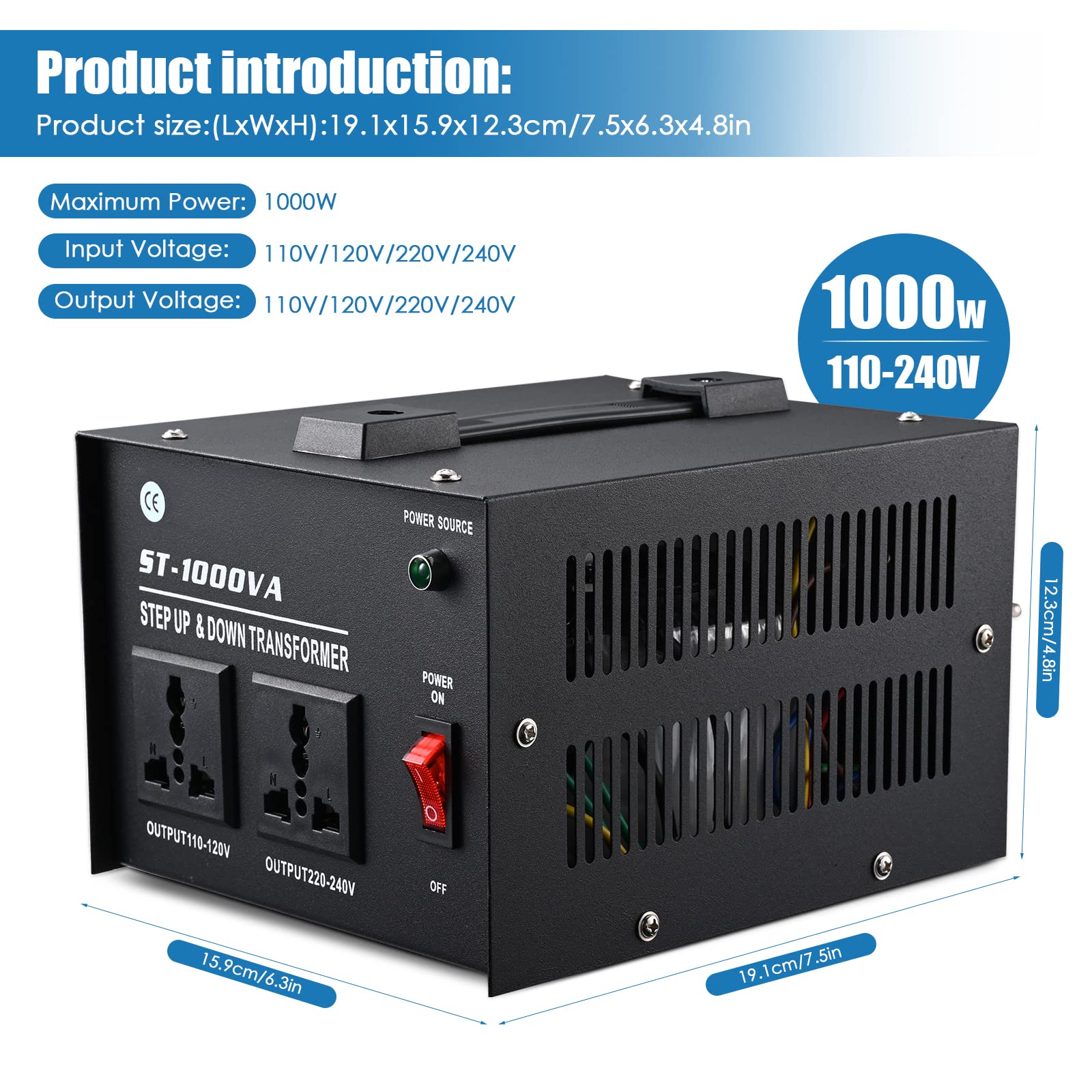 ZGROCK 1000 Watt Voltage Transformer- Step Up and Down- Circuit Breaker Protection Universal Dual Output Step Up & Step Down Power Transformer 110V to 220V/220V to 110V