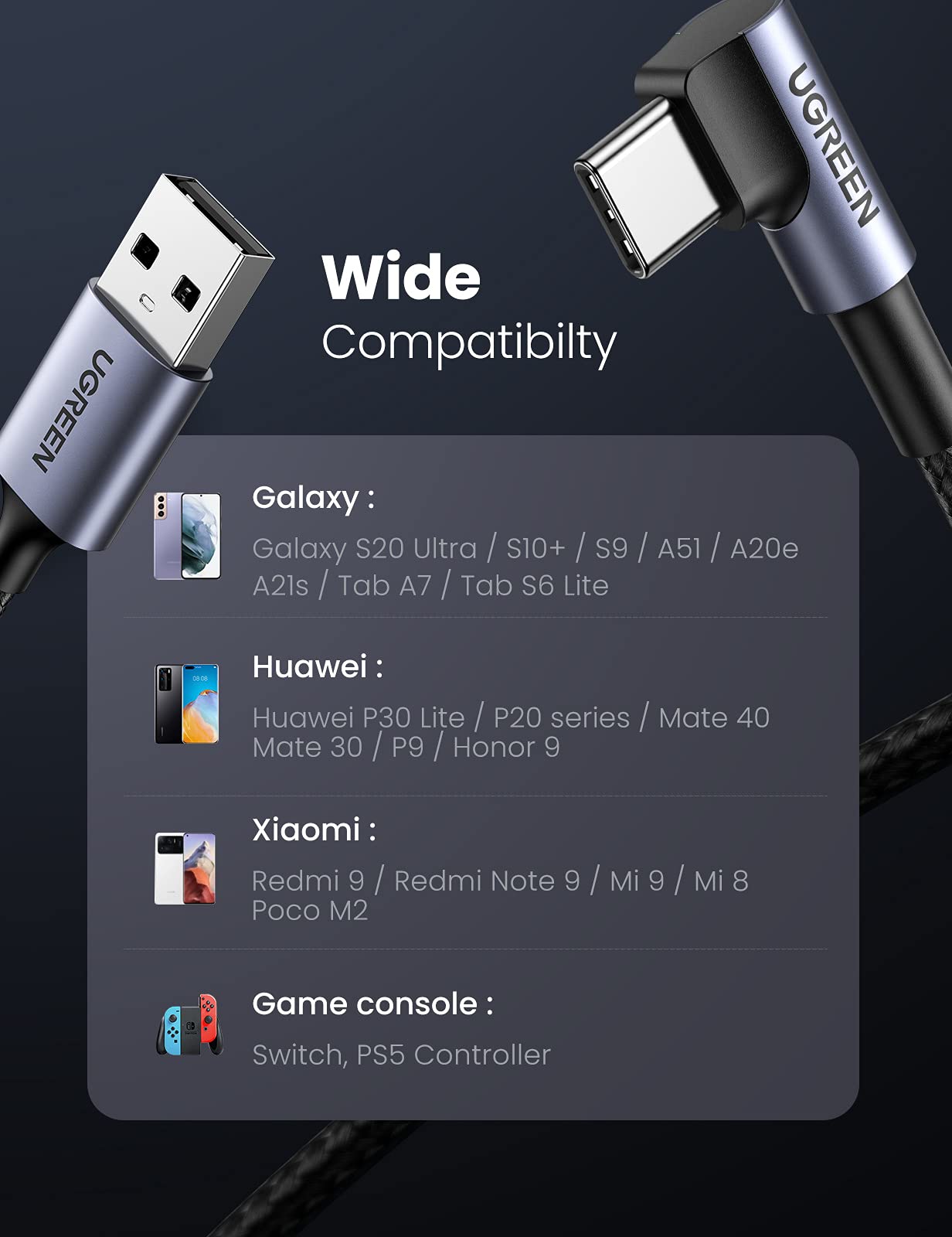 UGREEN USB A to USB C Cable, Right Angle USB C Cable 2 Pack Nylon Braided Fast Charging Cable Compatible for Samsung S22 Note20 Z Flip Z Fold, iPad Mini 6 Air 5,PS5, Switch, etc. 3.3FT+6.6FT