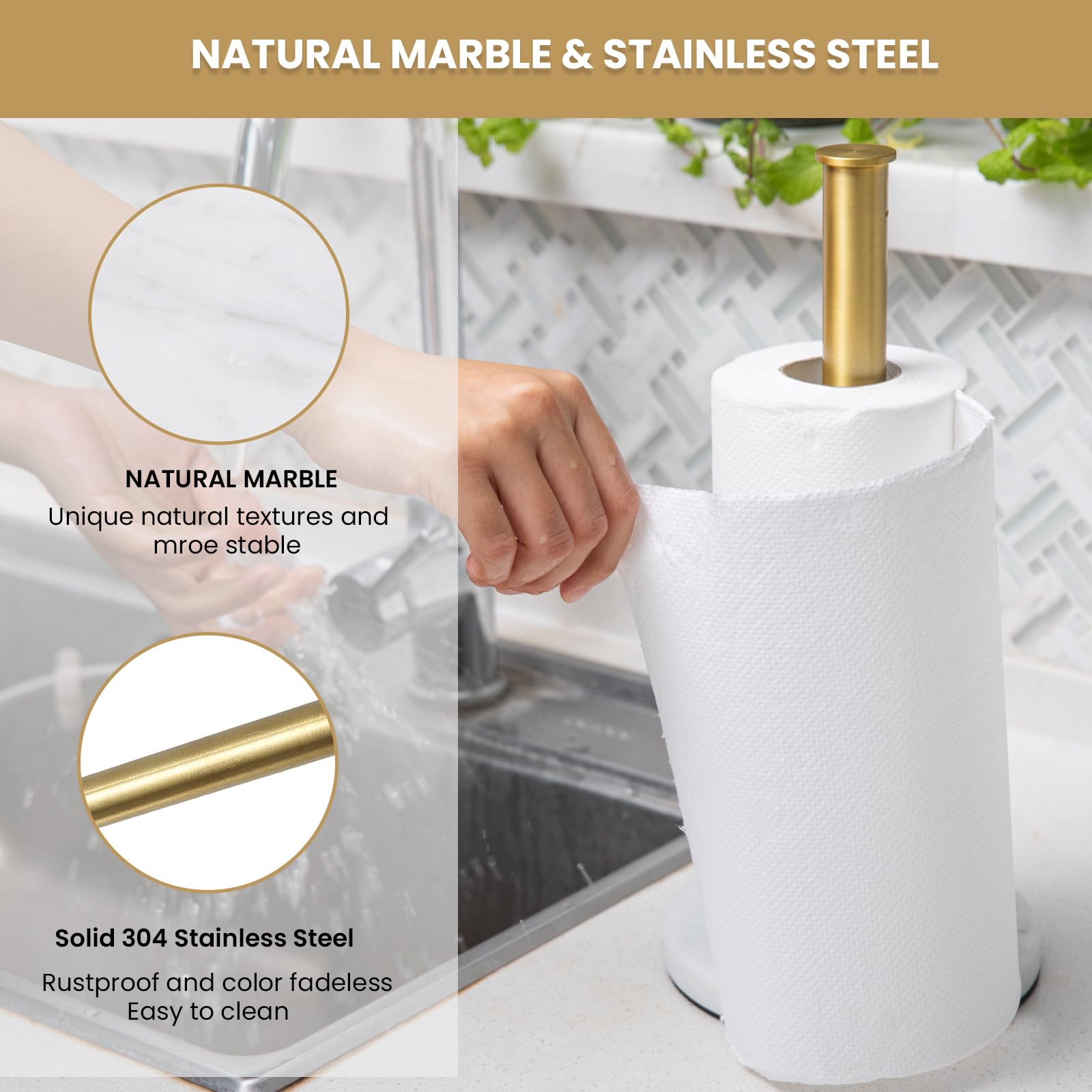 Adedeo Paper Towel Holder Countertop, White Marble Base, Gold Stainless Steel, Free Standing Paper Towels Roll Holder Stand for Kitchen Counter, Bathroom