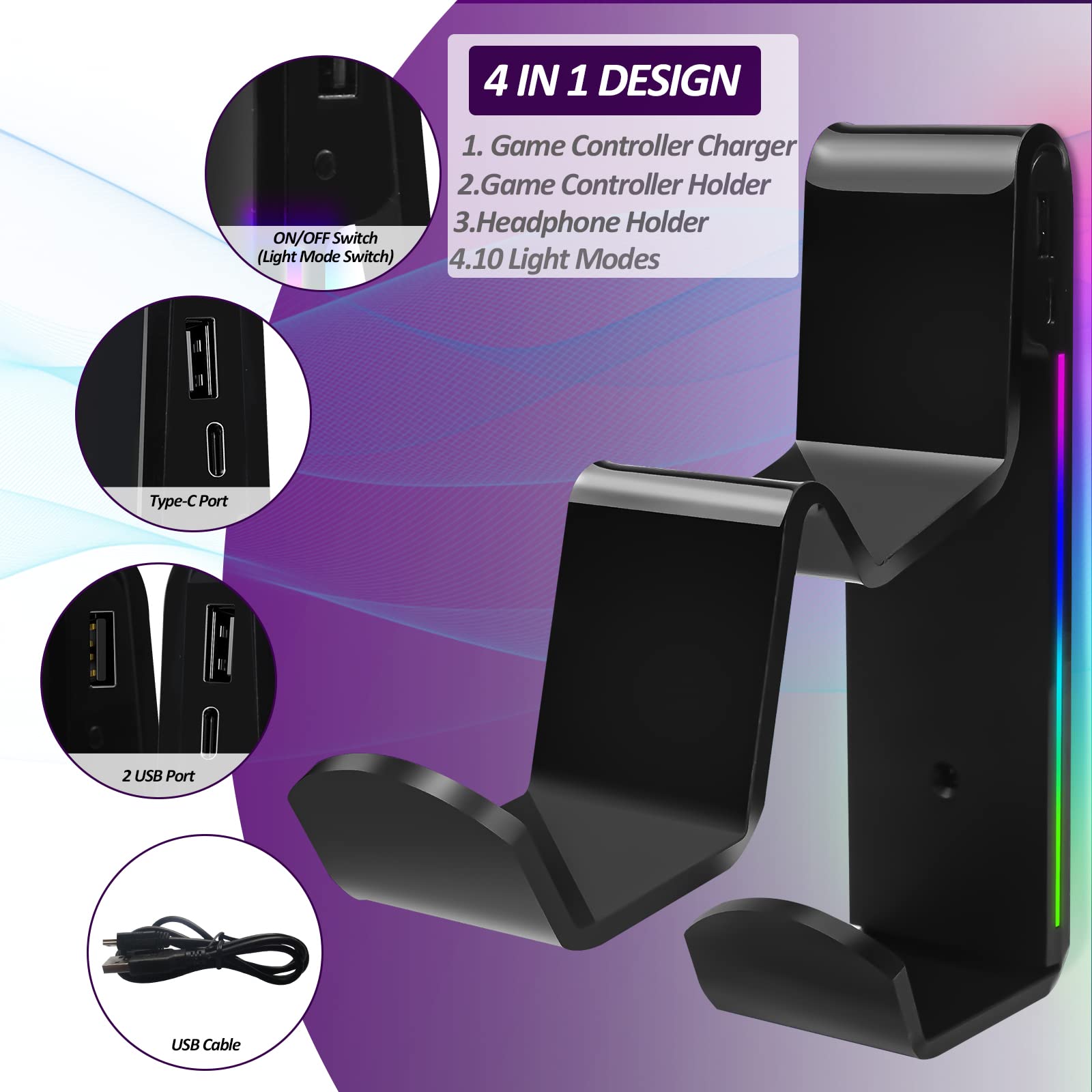 3in1 RGB PS4 Xbox Controller Charger Dock Station Headset LED Wall Mount Holder With USB Charging Ports for Playstation 3 4 5 PS5 Controllers Xbox ONE Series X Switch Steam Deck