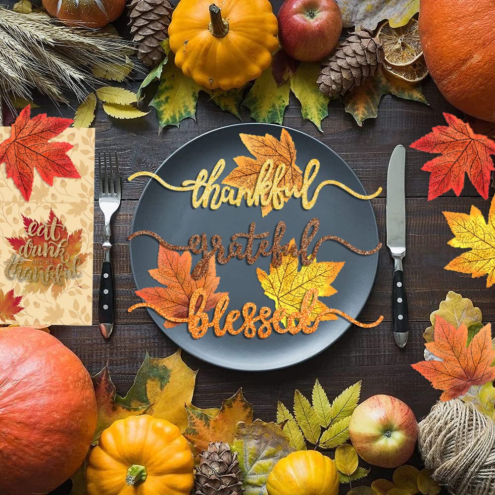 60PCS Thanksgiving Table Decor,20 Thanksgiving Cutlery Holder 20 Thankful Words Cutout Card Decor Glitter Table Place Card 20 Maple Leaf Placemats Decorations for Thanksgiving Turkey Utensil Décor