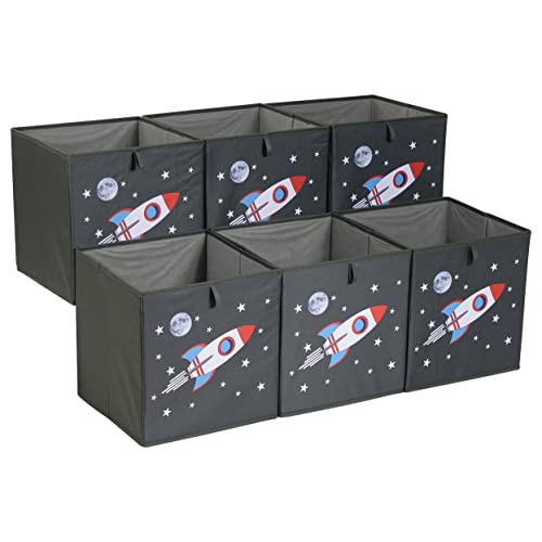 Amazon Basics Kids Collapsible Fabric Storage Cube Organizer Bins - Pack of 6, Space Rockets, 10.5x10.5x11"