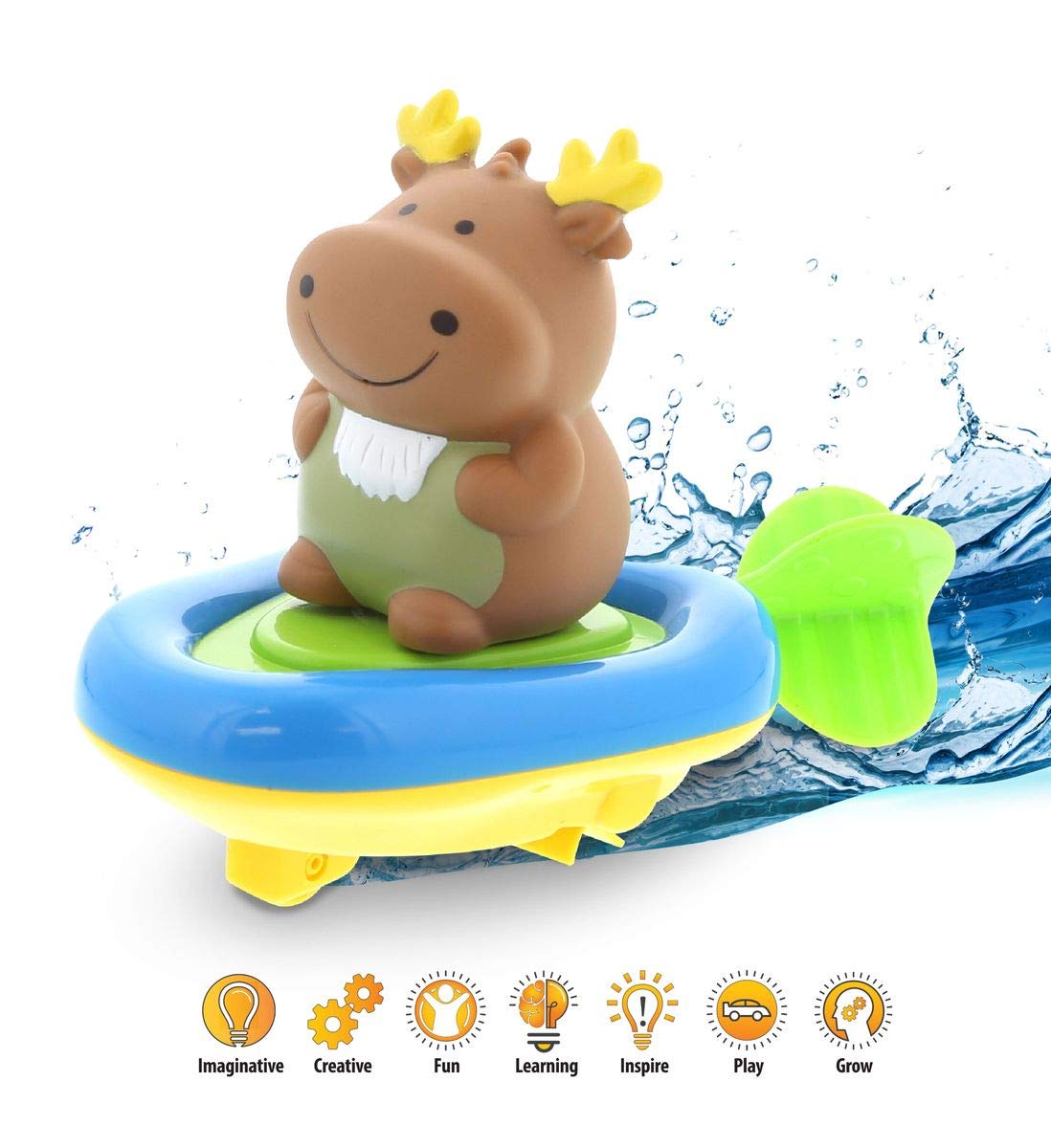Dollibu Boat Racer Buddy, Fun Educational Bath Toy Finger Puppet Pull and Go Water Racing Woodland Pal for Shower Pool Bathtub Swim Hard Surface for Baby Toddler and Boy - 6 Inch - 3 in 1 Game - Moose