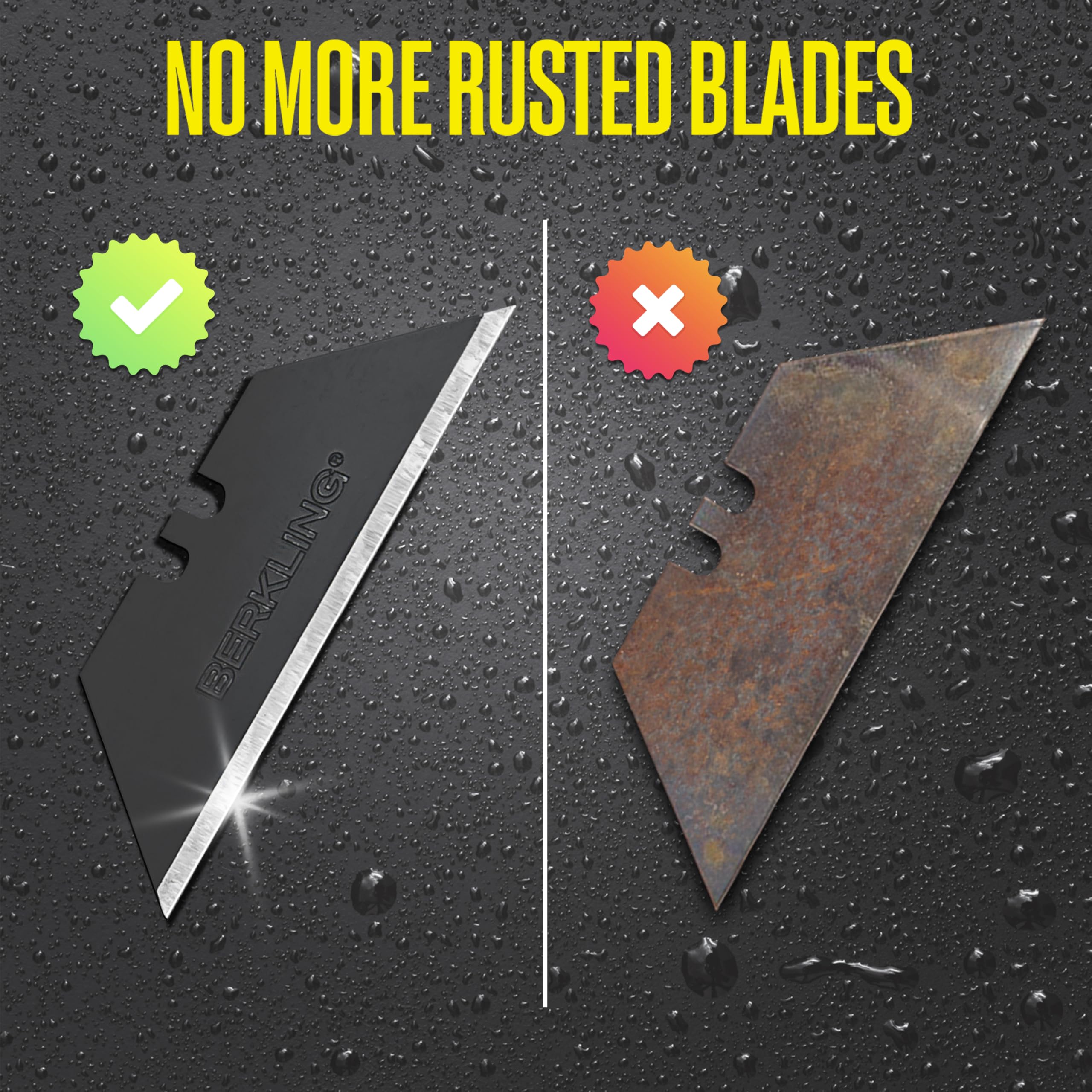 Berkling Utility Knife Blades 50 PCS With Dispenser, SK2H Laser Sharpened Hardened Black Carbon Steel, Ultra 3X Sharper, and 5X More Durable, Standard T-Shape Replacement Box Cutter Razor Blades