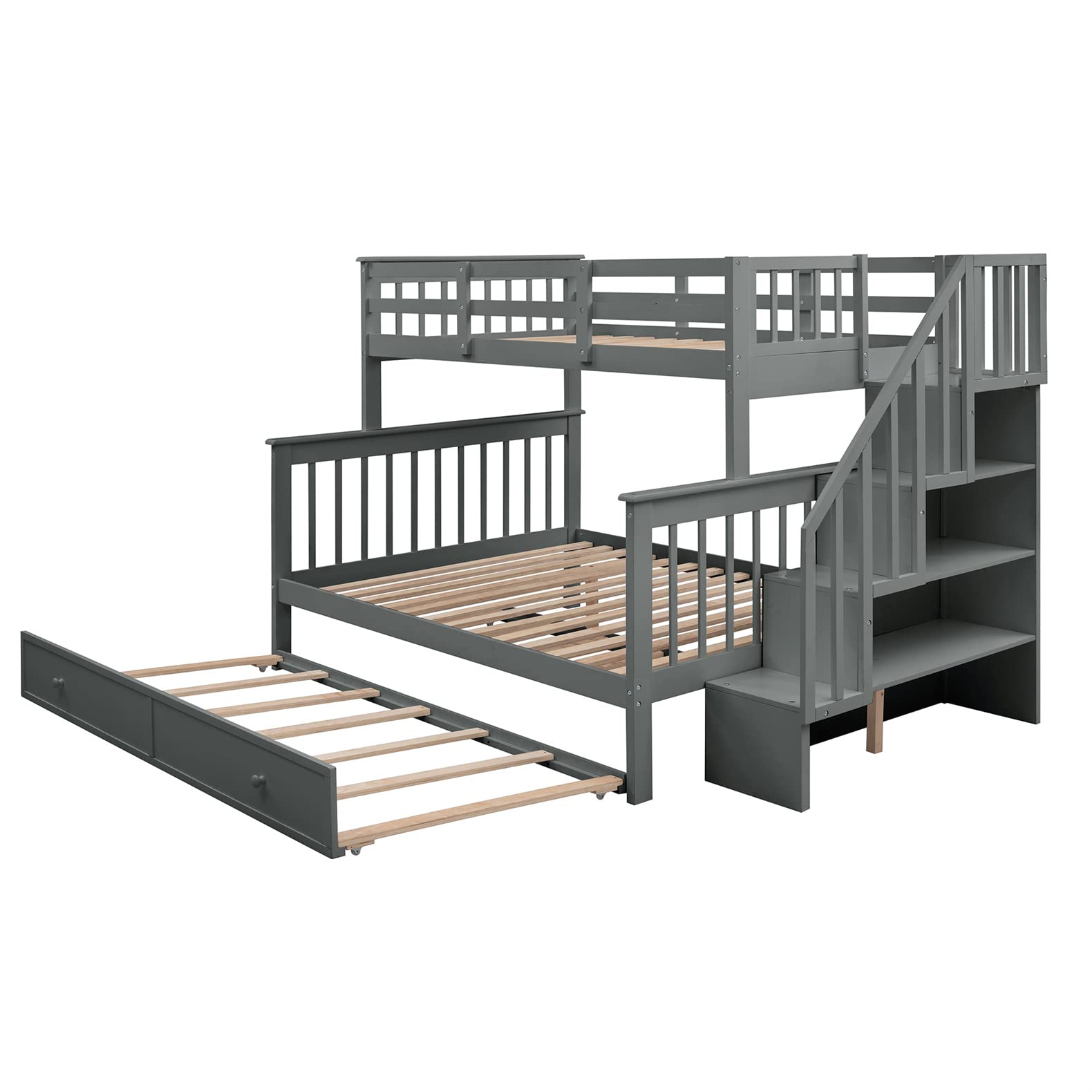 Twin Over Full Bunk Bed with Stairs and Trundle Wood Stairway Bunk Beds with Storage Shelf for Kids Boys Girls Teens, Gray