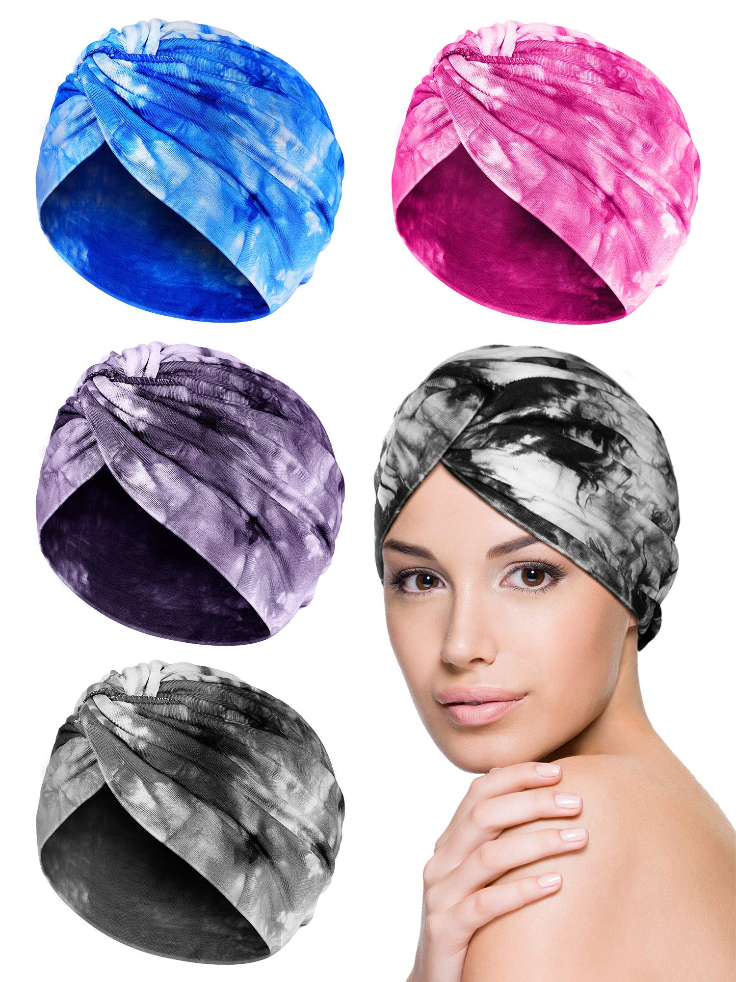 4 Pieces Turbans Cap Knot Pre-Tied Head Wraps Tie-Dye Stretch Turban Beanie Hats