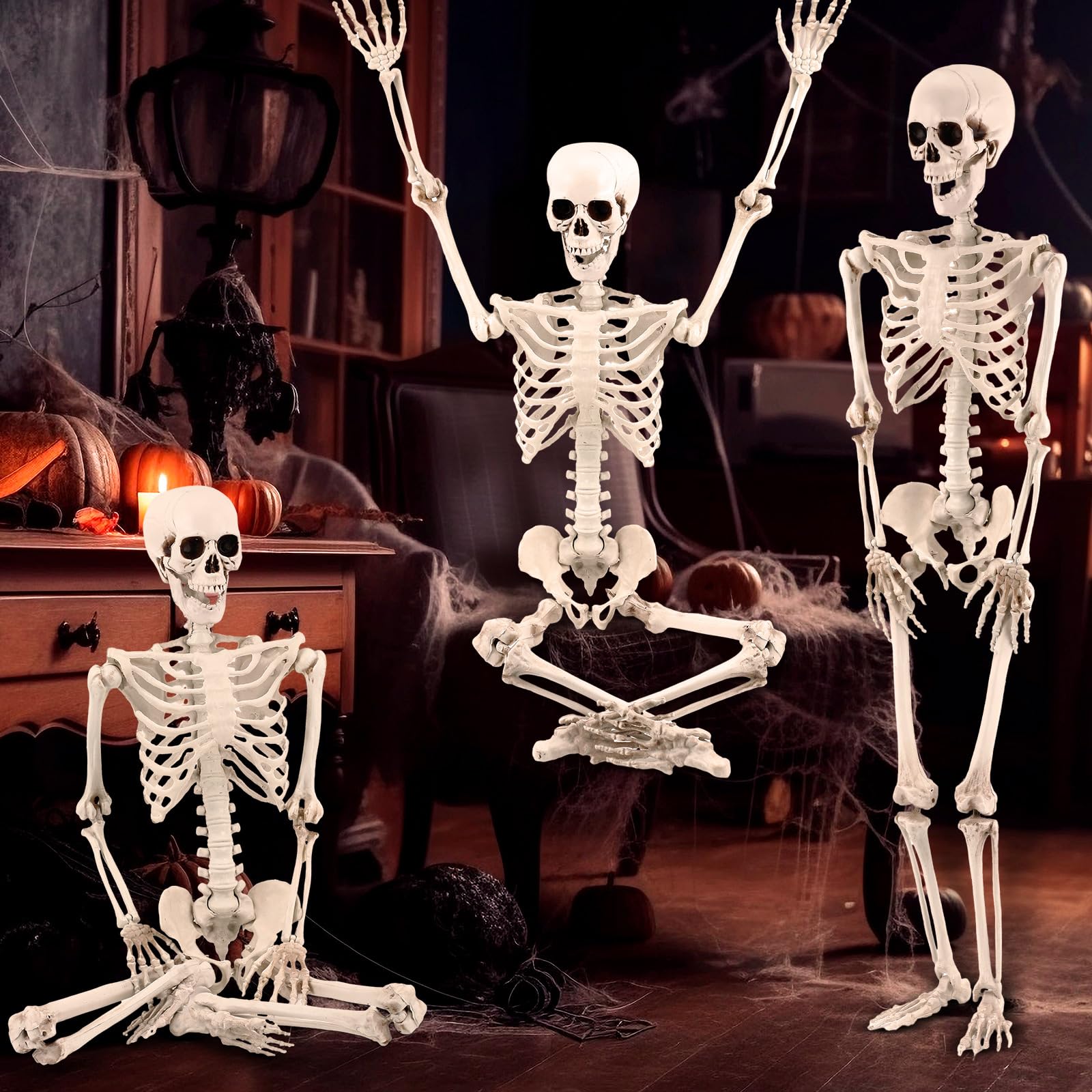 3 Pcs Halloween Skeleton Decoration Poseable Skeleton Full Size Halloween Skeleton Plastic Skeleton with Movable Posable Joints for Hanging Halloween Outdoor Yard Garden Lawn Party Decor (5 ft)