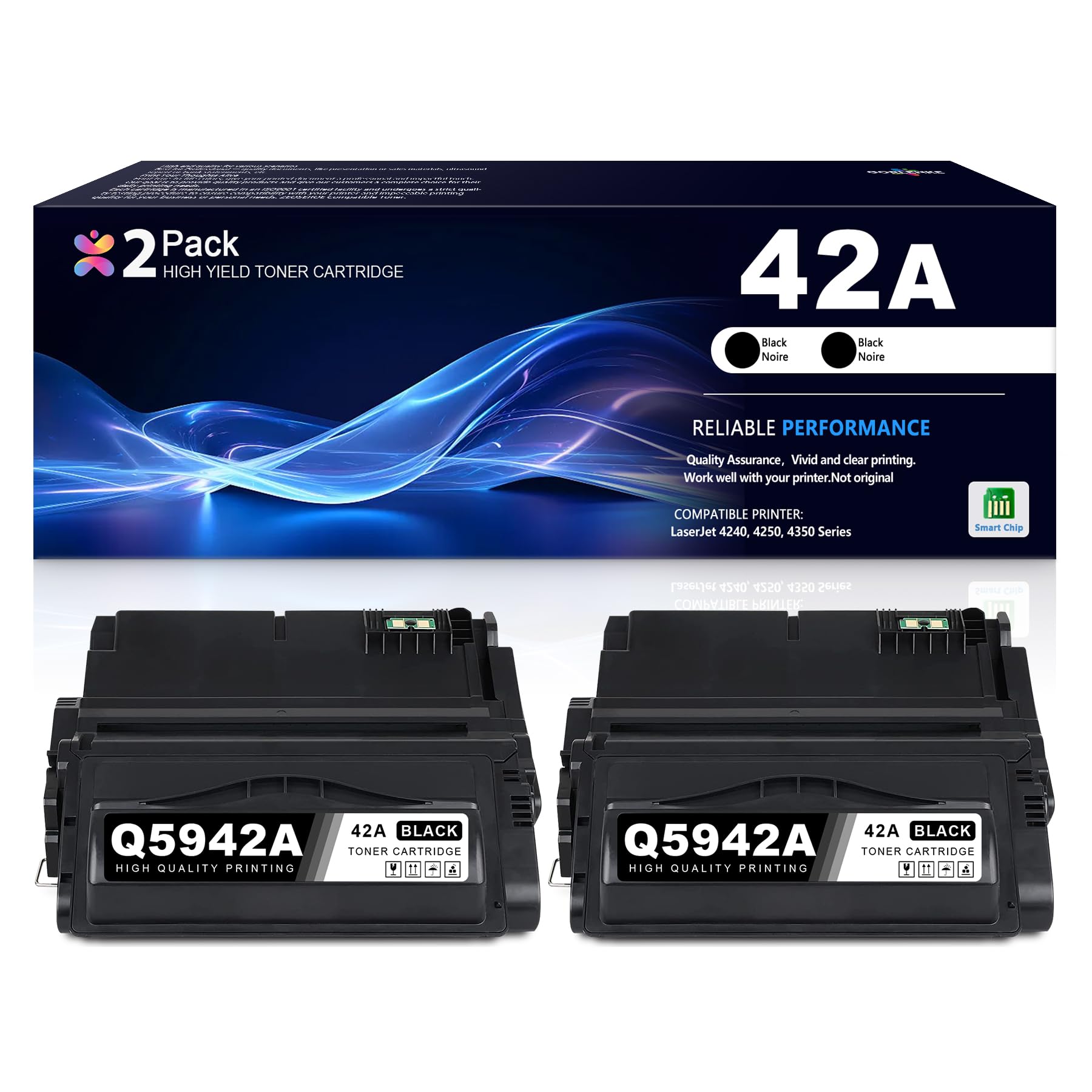 42A Q5942A Toner Cartridge with CHIP 2 Pack: High Yield Replacement for HP 42A Black Toner Cartridge Q5942X Q5945A Works with Laser 4200, 4250, 4300, 4350, M4345 MFP Series Printer | Q5942A 42A Ink