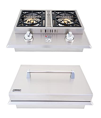 AMS Fireplace Lion BBQ Package Gas Grill 32", Double Side Burner, Door Drawer Combo, Vertical Door, Sink with Faucet and Accessories (Liquid Propane) | Free Table-top Bio Ethanol Fire Pit.