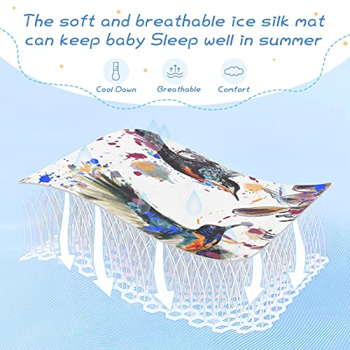 Blueangle Lily Flowers and Birds Watercolour Baby Bed Pad Washable Mattress Pad, Summer Crib Sheets Reusable Underpads Bed Ice Silk Mat Set with Pillowcase for Baby Toddler