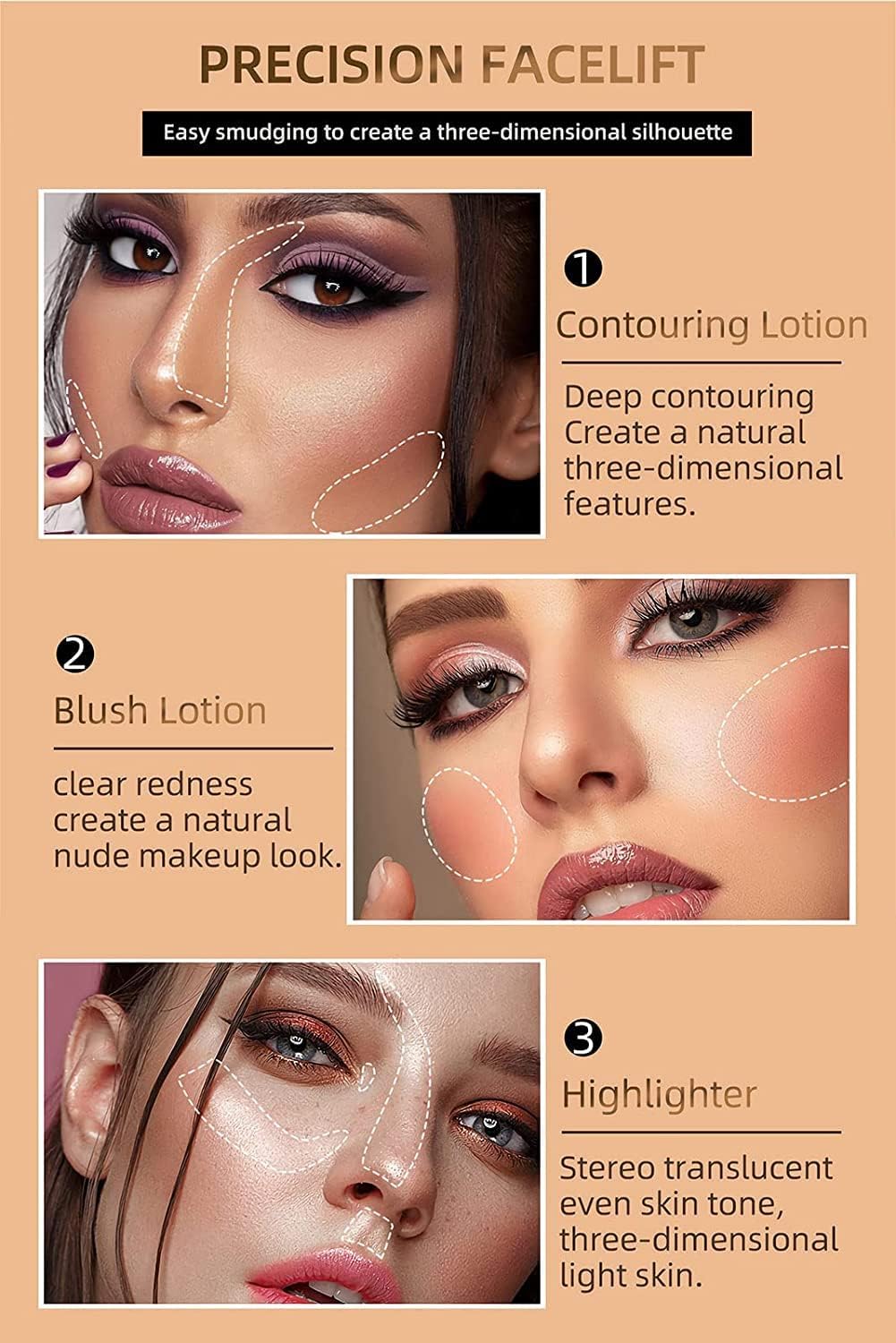 3 Pcs Liquid Contour Beauty Wand Set, Contour & Blush & Highlighter Stick with Cushion Applicator, Attached Easy to Blend, Long Lasting & Smooth Natural Matte Finish (01#02#04)