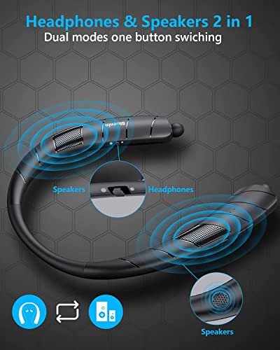 Bluetooth Headphones Speaker 2 in 1,Wireless Neckband Headphones Retractable Earbuds with Built-in TF Memory Card,3D Stereo Sound Wearable Speaker Personal Sports Headset Built in Mic (Black 2023)