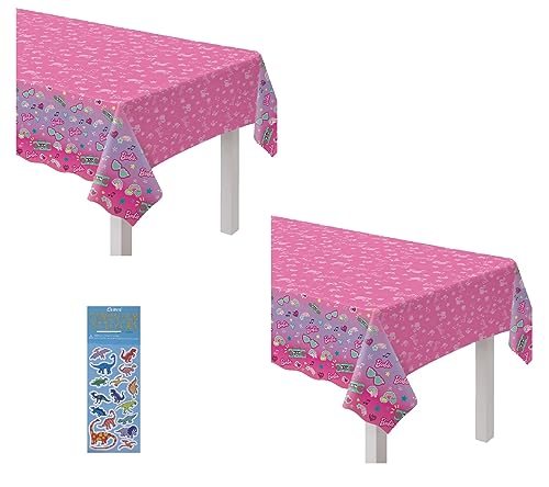 amscan Barbie Pink Party Supplies Decoration Bundle Includes 2 Plastic Table Covers and 1 Dinosaur Sticker Sheet