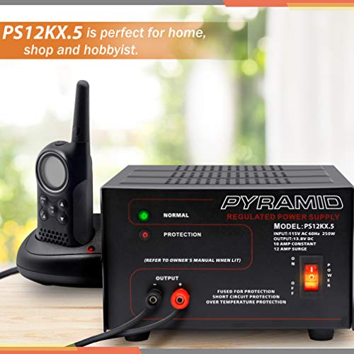 Pyramid Universal Compact Bench Power Supply - 10 Amp Linear Regulated Home Lab Benchtop AC-to-DC 12V Converter w/ 13.8 Volt DC 115V AC 250 Watt Input, Screw Type Terminals, Cooling Fan, LED