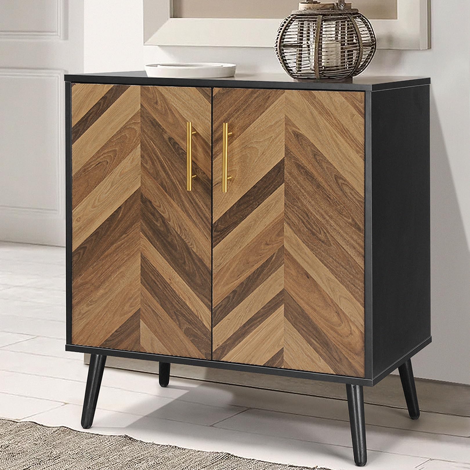 AMZOOM Accent Cabinet, Black Storage Cabinet with Doors Mid Century Modern Sideboard Buffet Cabinet with Storage Shelves Small Wood Accent Cabinets for Living Room Entryway Office, Brown Herringbone