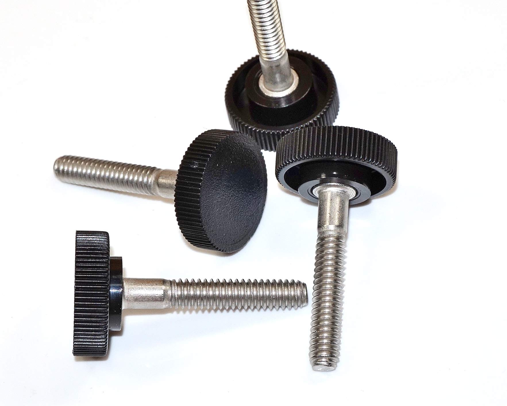 Four (4) Thumb Screws 1/4-20 x 1-1/2" Long Stainless Steel 1" Round Knurled Black Plastic Knob