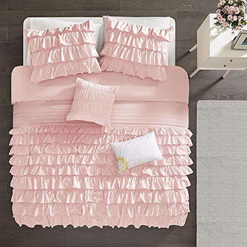 Intelligent Design Cozy Comforter Casual Waterfall Multi Layer Ruffle All Season, Hypoallergenic Cover, Soft Bedding Set with Matching Sham, Decorative Pillow, Twin/Twin XL(68"x90"), Blush
