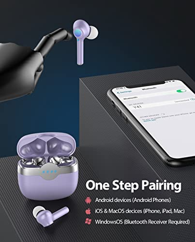 Bluetooth 5.3 Wireless Earbuds, Deep Bass Sound Clear Call, Noise Cancelling with 4 Microphones, 30H Playtime, IPX7 Waterproof Protection, Comfortable Wearing, Compatible with iPhone Android, Purple