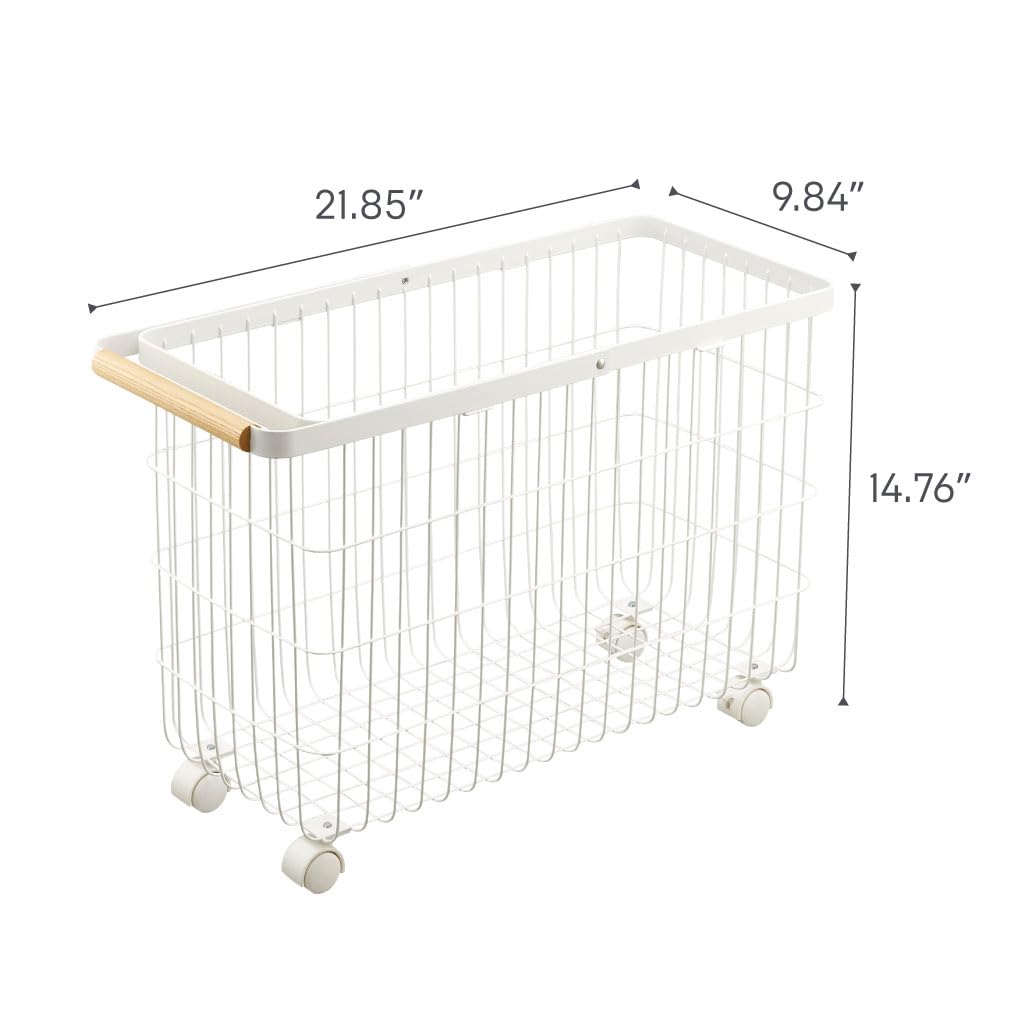 Yamazaki Home Tosca Compact Rolling Laundry Basket Cart - Metal Hamper With Wheels And Handle For Easy Mobility - Space-Saving Storage Solution, 15" - Steel + Wood - 9.2 Gallons, 35L
