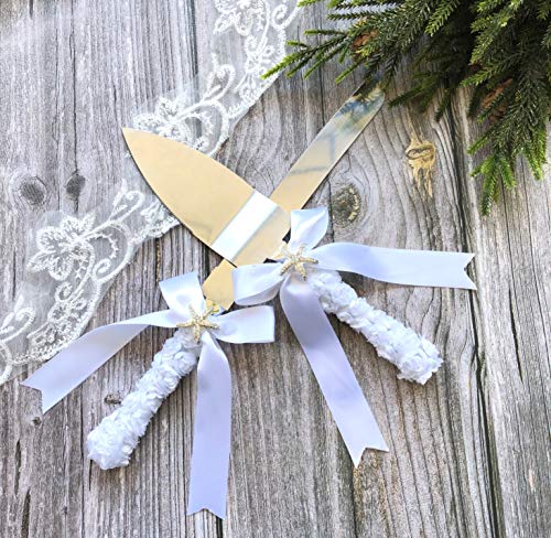 Abbie Home Wedding Cake Knife and Server Set - Flower Wrapped Handle with Silk Bow and Rhinestone Jewelry Décor (Starfish)