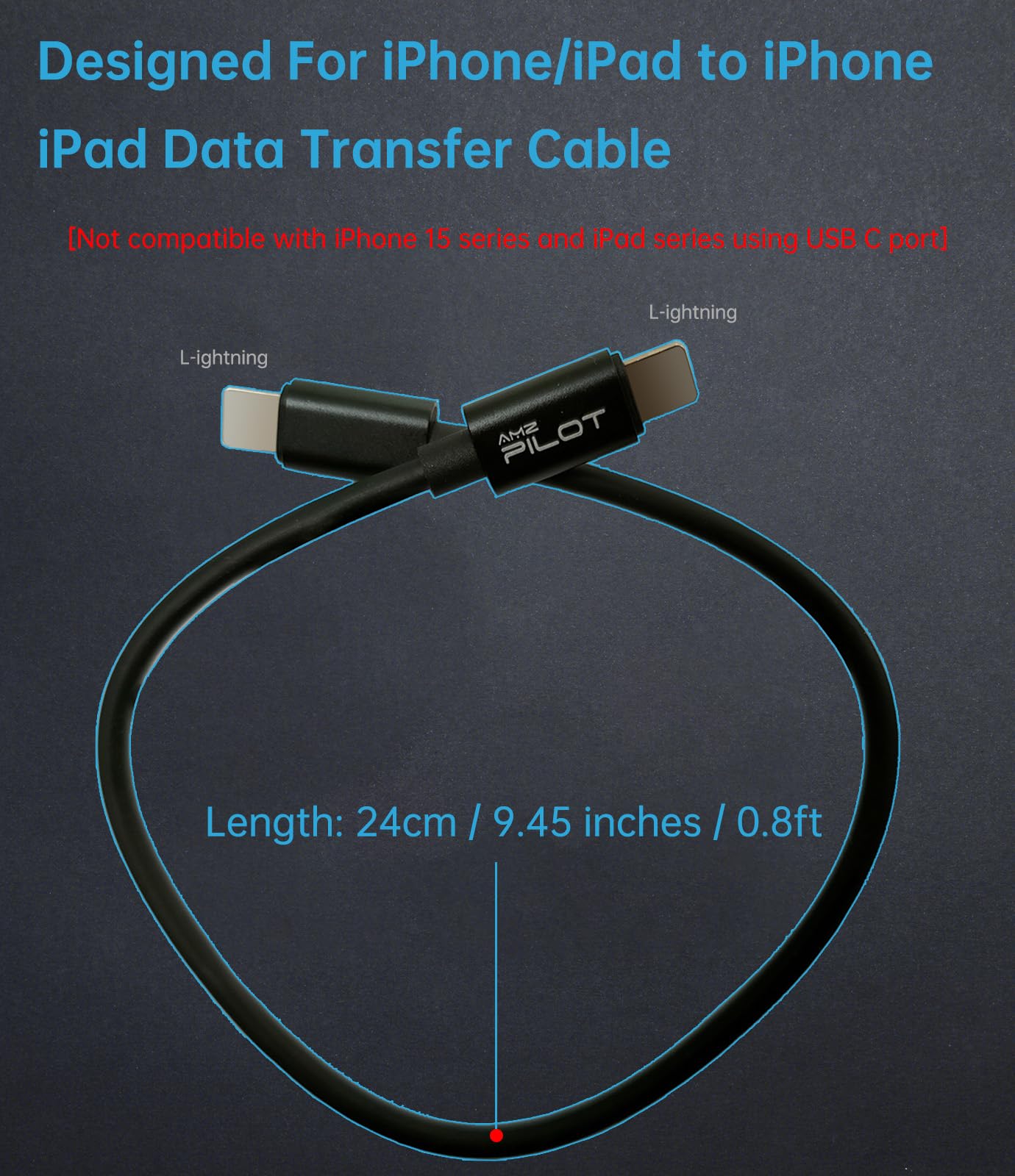 AMZPILOT Compatible for iPhone to iPhone Transfer Cable Male to Male Data Migration, iOS 14 to 8 pin OTG Cable Sync Photo/Video Wired Cord, for iPhone 14/13/12 Mini/Pro Max/11/Xs/Xr/8 Series - 0.8ft